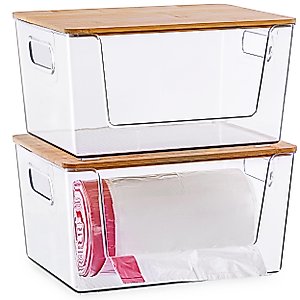 Citylife 2-Pack Extra Large Trash Bag Holders with Bamboo Tops and Handles, Laundry Room Organization and Storage for Home, Kitchen, Under-Sink Garbage Bag Dispenser