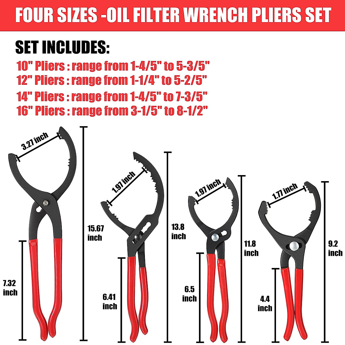 Lothee 4 Pieces Oil Filter Wrench Set, 10'' 12'' 14'' 16'' Oil Filter Pliers Adjustable Removal Tool Pliers for Cars, Trucks, Motorcycles Engine, Conduit, Fittings