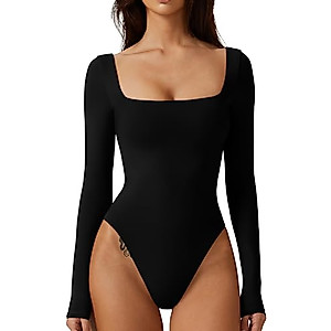 QINSEN Womens Sexy Square Neck Double Lined Seamless Fitted Long Sleeve Bodysuit Tops Black L