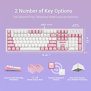 Redragon K623 Dual Color Keys Mechanical Gaming Keyboard Single White LED + RGB Side Edge Backlit 104 Key Wired Computer Keyboard with Blue Switches for Windows PC (White + Pink)