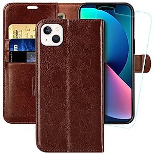 MONASAY iPhone 13 Mini Wallet Case, [Glass Screen Protector Included] [RFID Blocking] Flip Folio Leather Cell Phone Cover with Credit Card Holder for Apple 13 Mini, 5.4-inch Brown