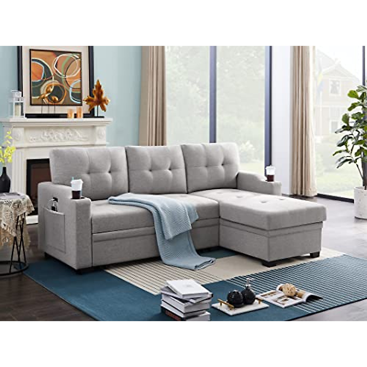 FANYE Linen Upholstery Tufted Sofa&Couch,L-Shaped Corner Reversible Sleeper Sectional Sofa Couch Sofabed w/Storage Chaise,Cupholders, USB Charging Port and Pockets for Living Room Furniture Set