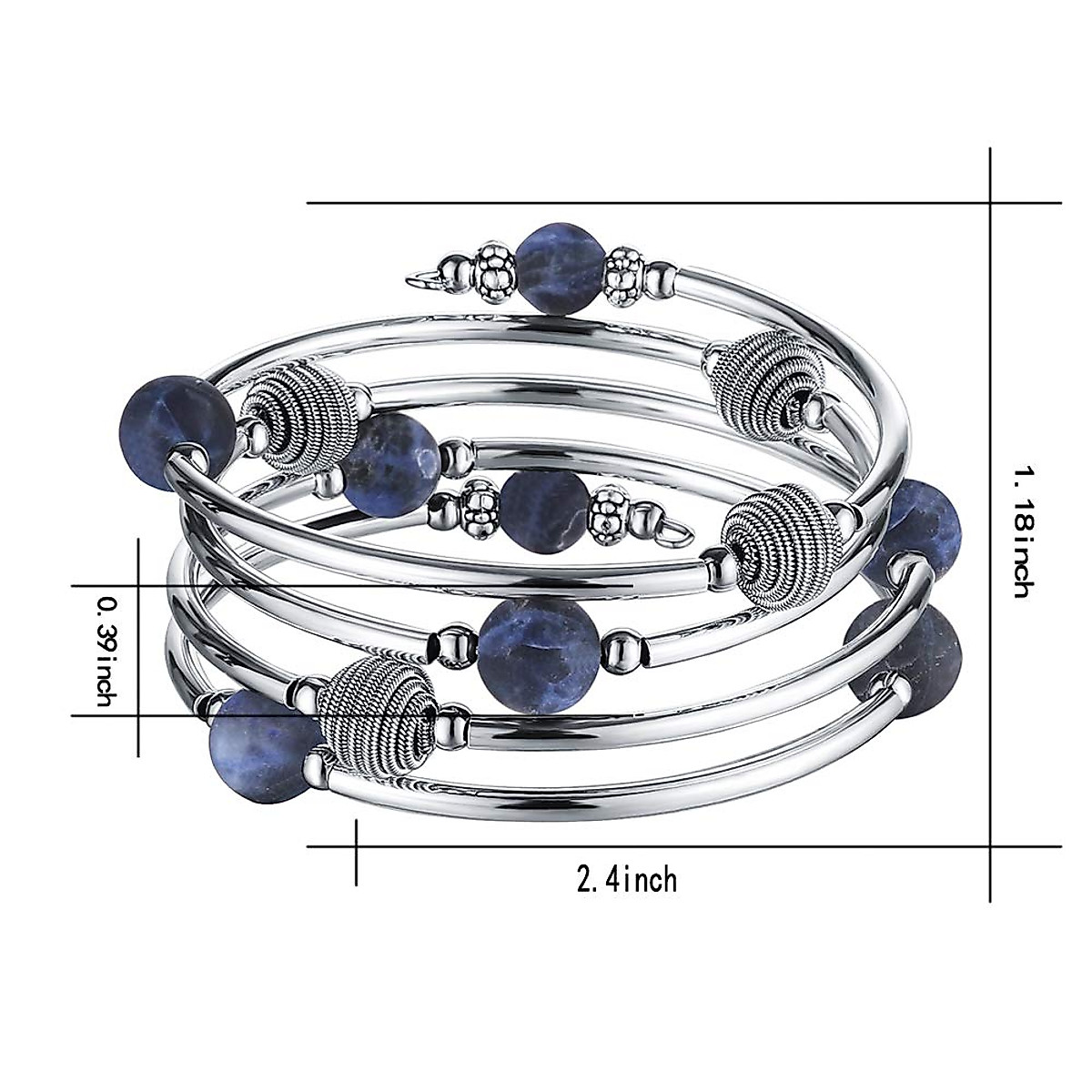 PEARL&CLUB Beaded Chakra Bangle Turquoise Bracelet - Fashion Jewelry Wrap Bracelet with Thick Silver Metal and Mala Beads, Birthday Gifts For Women (63-Navy Blue)