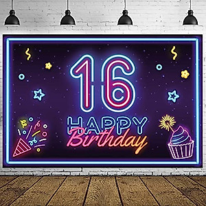 Neon Happy 16 Birthday Banner Backdrop Disco Dance Neon Glow Theme Decor Decorations for Let’s Glow Party Boys Girls Women Men Sweet 16 16th Birthday Party Supplies Glitter
