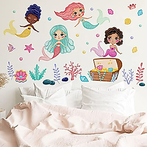 Mfault Baby Girls Black Mermaid Under The Sea Wall Decals Stickers, Multicultural Ocean Creatures Nursery Decoration Bedroom Playroom Art, Shell Bubble Coral Seaweed Kids Room Bathroom Home Decor
