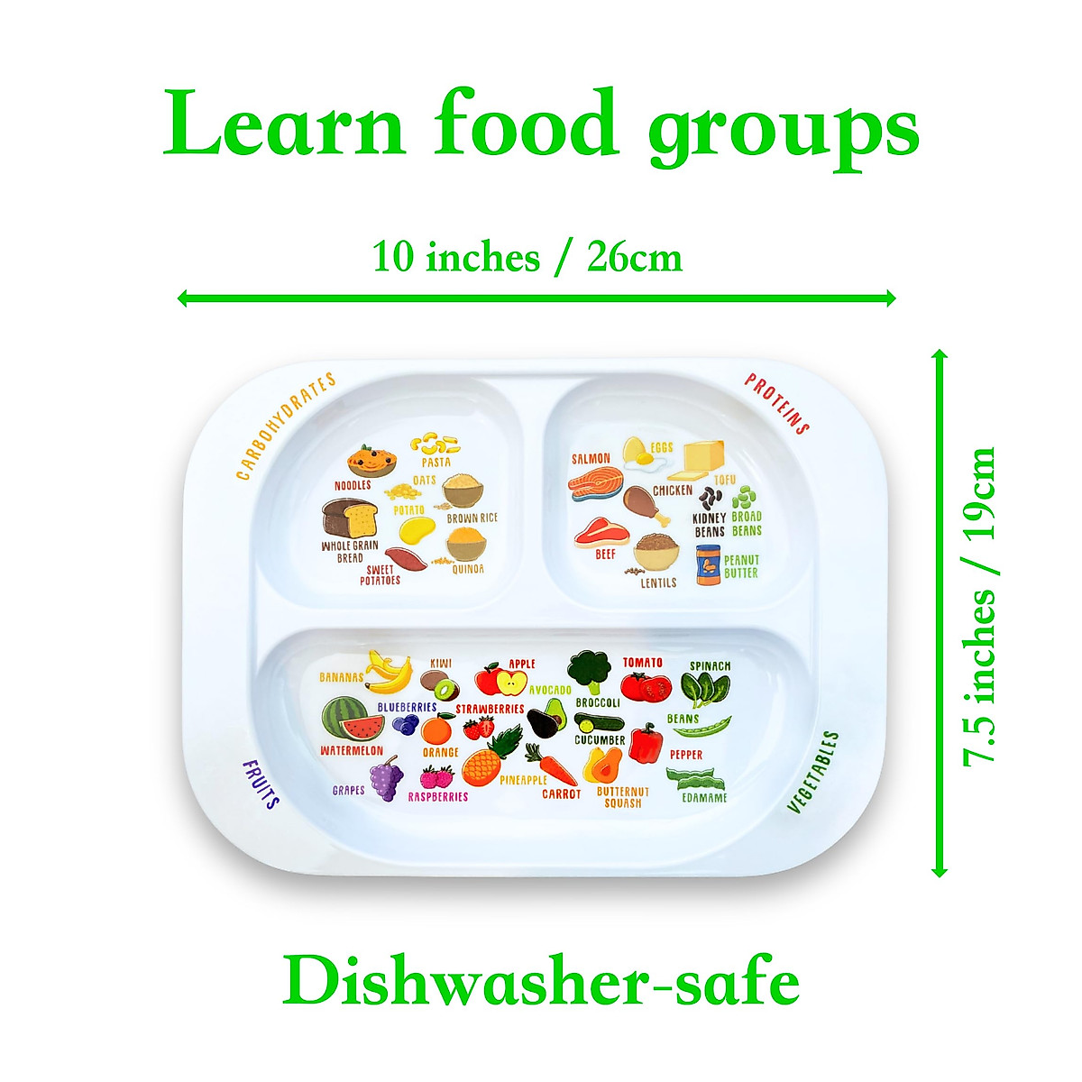j&m Divided Portion Plate, Sections for Kids & Fussy Eaters, Learn Nutrition, Healthy Eating, Food Groups & Portion Sizes, Child-Friendly Melamine, Dishwasher-Safe