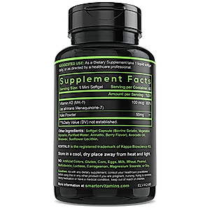 Smarter Vitamin K2 MK7 100mcg Made with K2VITAL and Kale for Bone Health & Cardiovascular Support K-2 MK-7 Helps Utilize Calcium for Bones & Supports Healthy Skeletal Muscle 60 Liquid Softgels