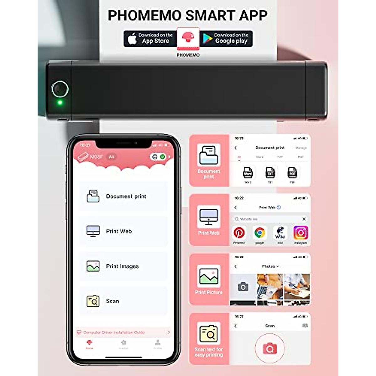 Portable Bluetooth Wireless Thermal Mobile-Printer - Compact Inkless Printer for Travel, Support Phone & Laptop, Small Printers for Home Use Vehicles Office School Tattoo Stencils(8.26"x 11.69")