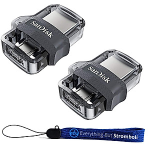 SanDisk Ultra (Two Pack) Dual Drive m3.0 for Android Devices and Computers Flash Drive Bundle with Everything But Stromboli Lanyard (128GB 2 Pack)