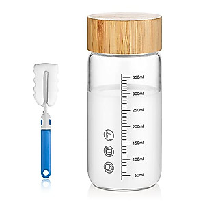 ZDZDZ Bamboo Lid Glass Water Bottle 13Oz Small Glass Water Bottles, Wide Mouth Glass Milk Bottle, Smoothie Glass Bottle with Scale Line