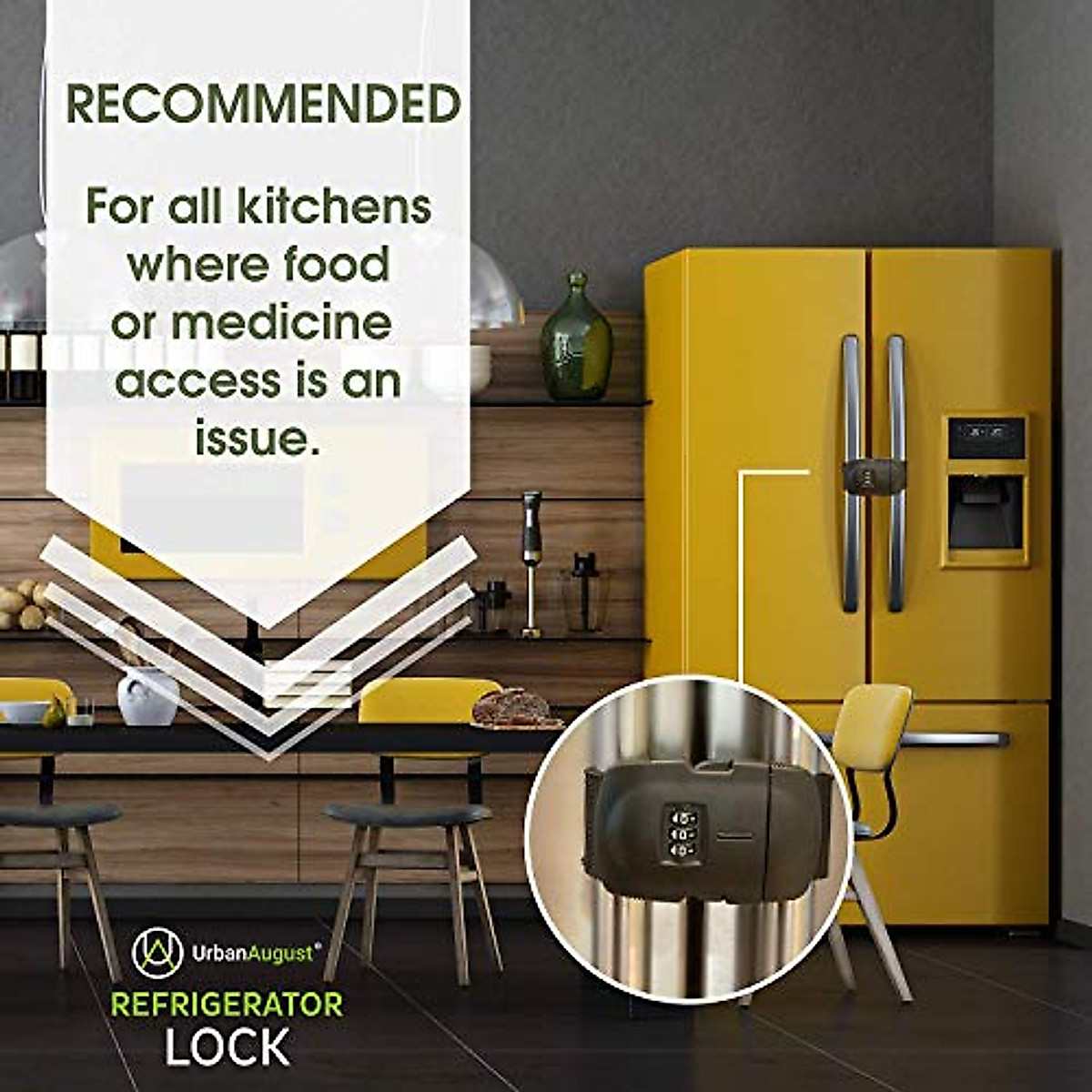 Urban August Premium Refrigerator Lock for Kids Children Toddlers Special Needs - Adjustable Fridge Cabinet Lock with Combination Code - Easy-to-Use Childproof French Door Lock - 1 Pack, Short