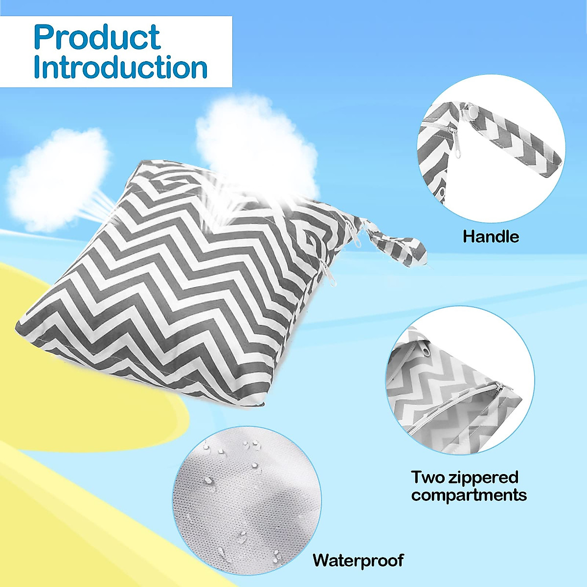 4 Pieces Wet Dry Bag Cloth Diaper with Two Zippered Pockets Waterproof ReusableW Travel Beach Pool Daycare Soiled Baby Items Yoga Gym（12in x 14.5in）, Gray,Blue,Yellow and Rainbow, KKBB1001