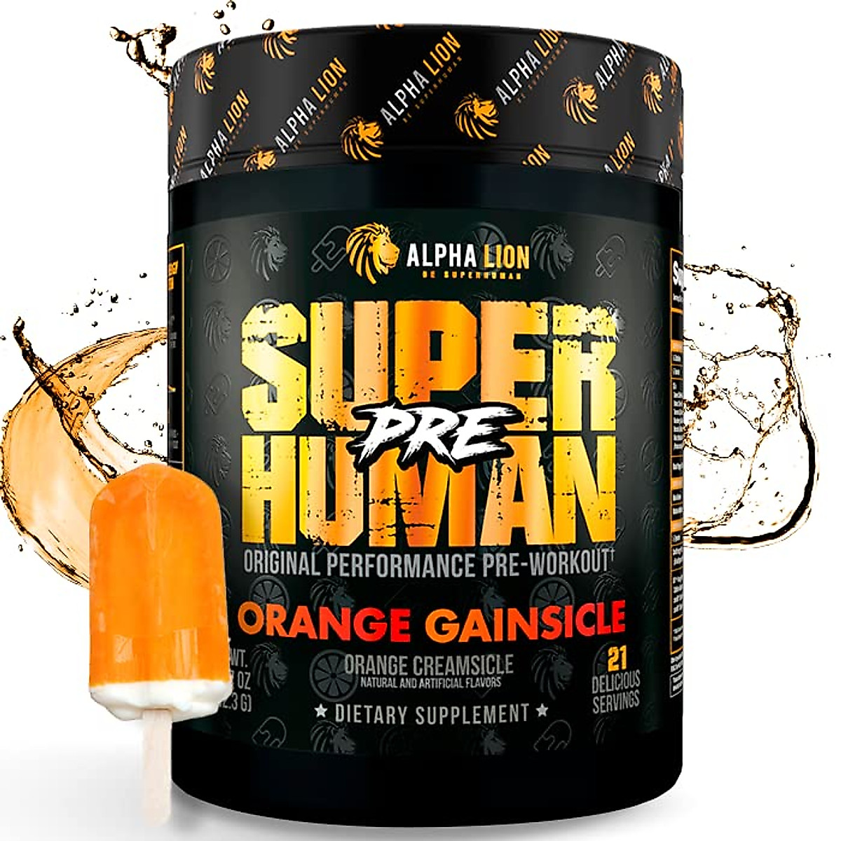 ALPHA LION Superhuman Pre Workout Powder, Beta Alanine, L-Taurine & Tri-Source Caffeine for Sustained Energy & Focus, Nitric Oxide & Citrulline for Pump (21 Servings, Orange Gainsicle)