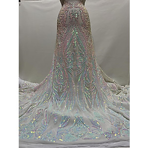 White Iridescent Geometric Stretch Sequin Fabric by The Yard | 4 Way Stretch Fabric Spandex Lace Fabric | White Stretch Mesh Embroidery with 3mm Sequin | White Iridesecent Sequin Fabric-Per Yard