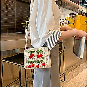 Straw Bags for Women, Hand-woven Straw Cherry Shoulder Bag Tote Summer Retro Beach Rattan Bag Straw Crossbody Bag for Lady Girls (Beige)