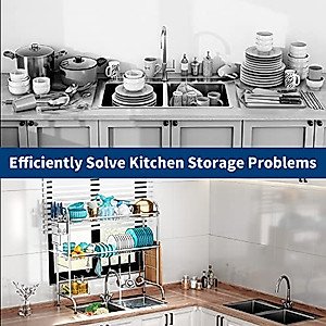 MOUKABAL Over The Sink Dish Drying Rack, Over Sink Dish Drying Rack with 2 Tier Utensil Holder,Large Stainless Steel Dish Racks for Kitchen Counter(fit≤33" Sink)