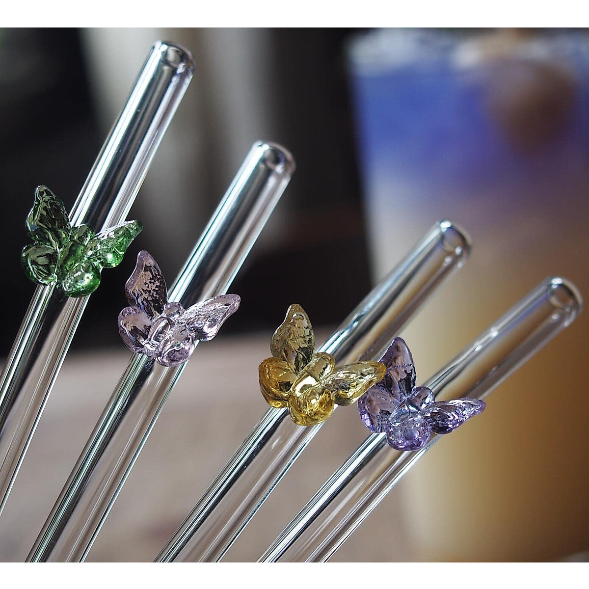 5pcs Butterfly Glass Straws Reusable Bent Drinking Straw 3D Butterfly on Clear Straws for Juices,Milk,Cocktails
