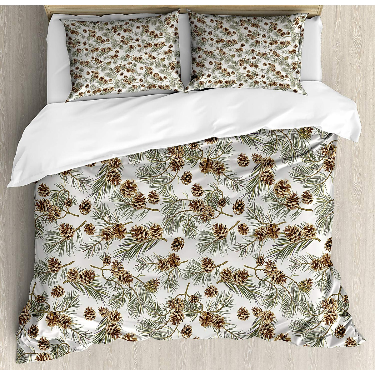 Lunarable Pinecone Duvet Cover Set, Scenery Illustration of Hand Painted Pine Tree Branches and Sepia Cone, Decorative 3 Piece Bedding Set with 2 Pillow Shams, King Size, Brown Green