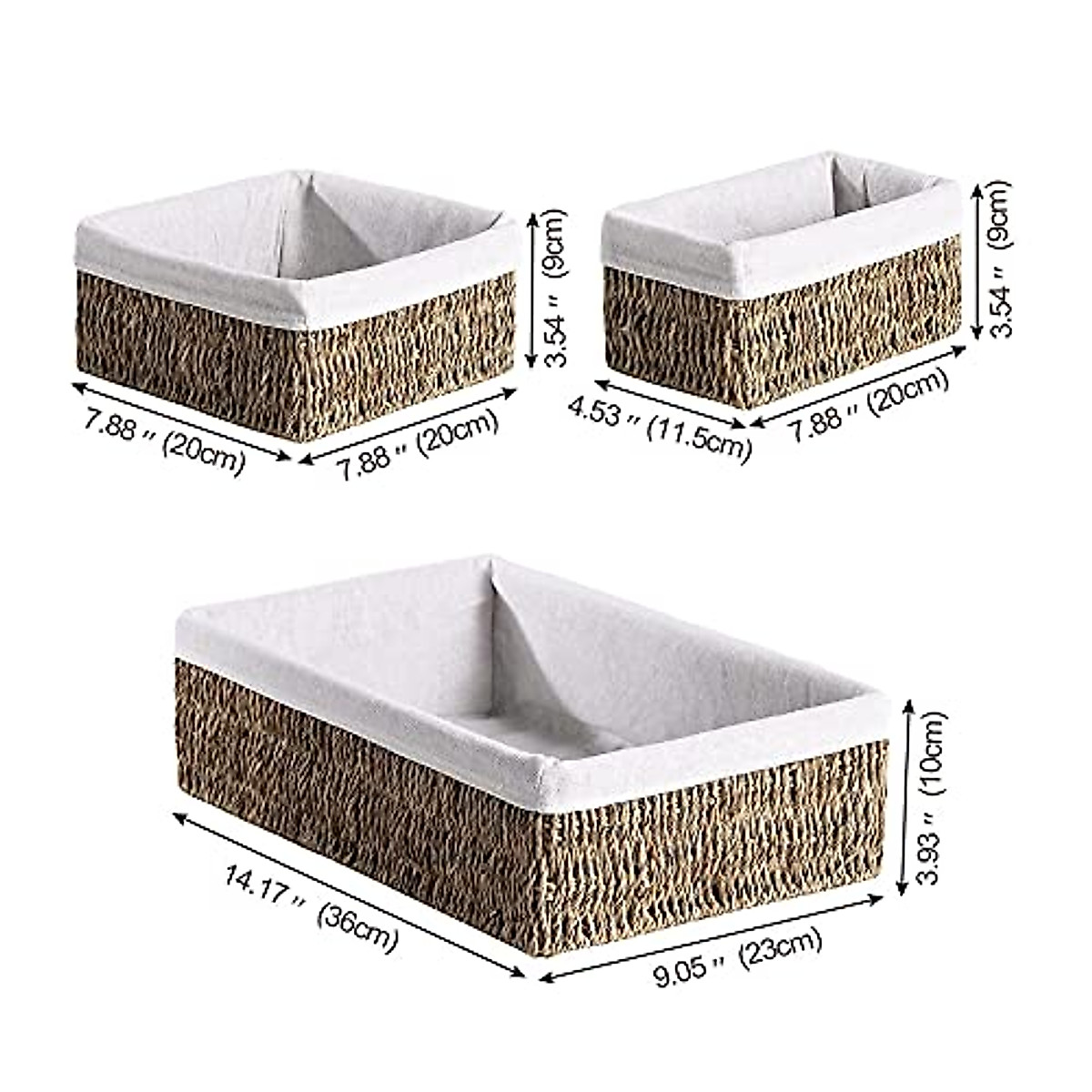 FairyHaus Seagrass Storage Baskets with Liner, Natural Small Seagrass Baskets, Hand-woven Nesting Wicker Baskets Set for Shelves Rectangle 3Pack (L+M+S)