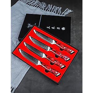 SANMUZUO Steak Knives Set of 4, Ultra Sharp Non Serrated Kitchen Steak Knife 5 Inch - Damascus Steel & Resin Handle - Xuan Series (Sunset Red)