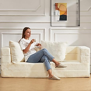 Cansunna Folding Bean Bag Chair for Adults,3-in-1 Bean Bag Couch Faux Fur Floor Sofa Large Beanbag Convertible Bean Bag Sofa Bed with Pillow,Bedroom,Living Room(Large,Milky White)