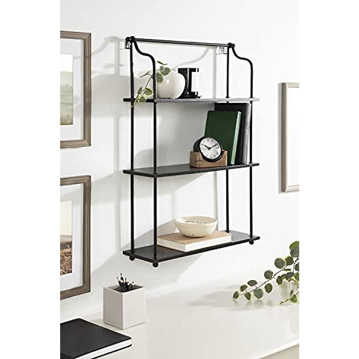 Kate and Laurel Walters Modern 3-Tier Hanging Shelf, 21 x 32, Black, Decorating Wall Mounted Storage Shelf for Wall