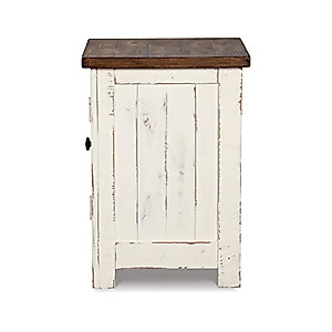 Signature Design by Ashley Wystfield Farmhouse Chair Side End Table with Cabinet Door for Storage, White & Brown with Distressed Finish
