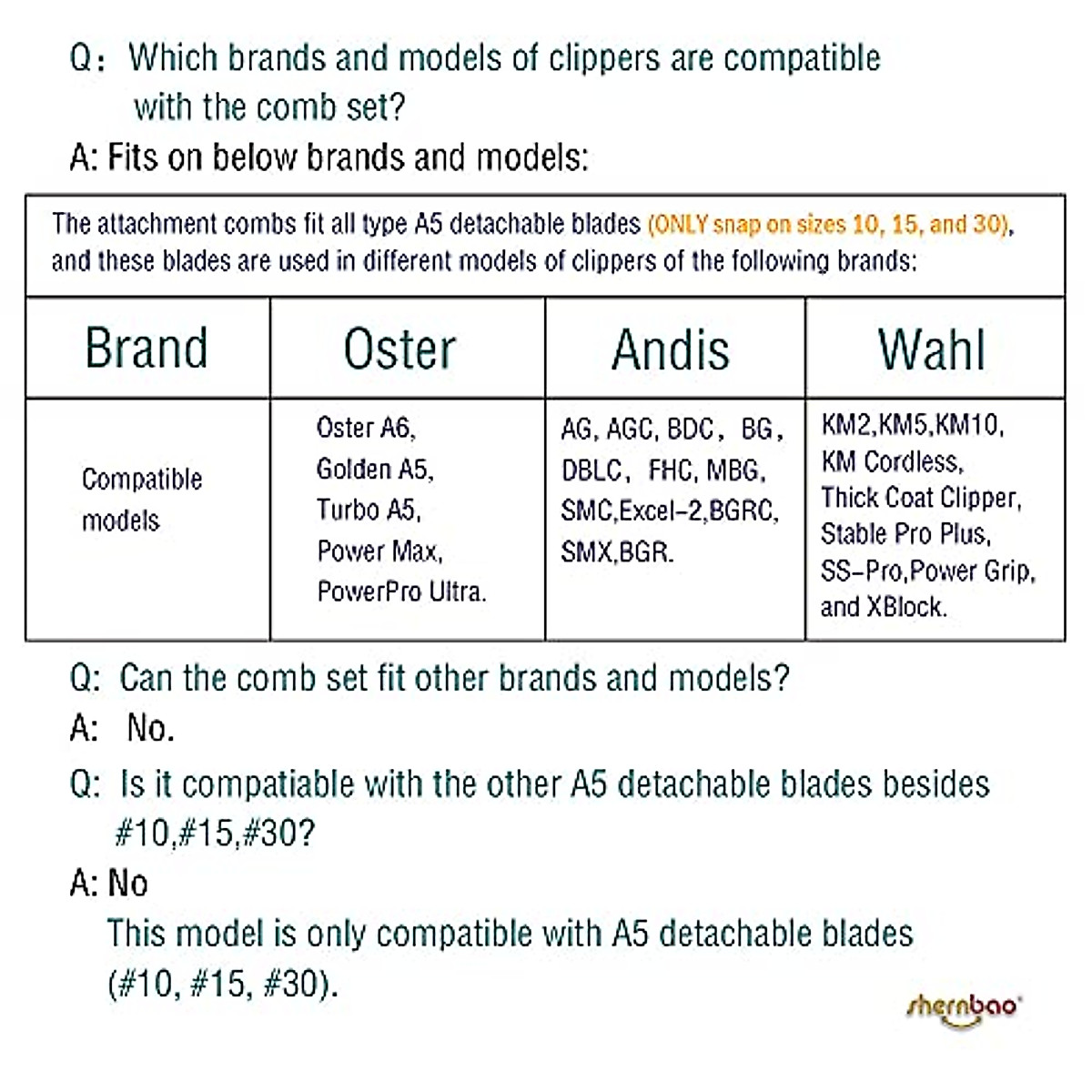 Shernbao Professional Animal Stainless Steel Clip Attachment Guide Comb Set for A5 style Detachable Blade Pet, Dog, Cat, and Horse Clippers (ONLY Snap on Size # 10/15/30,Not compatible with 5-in-1 blades）