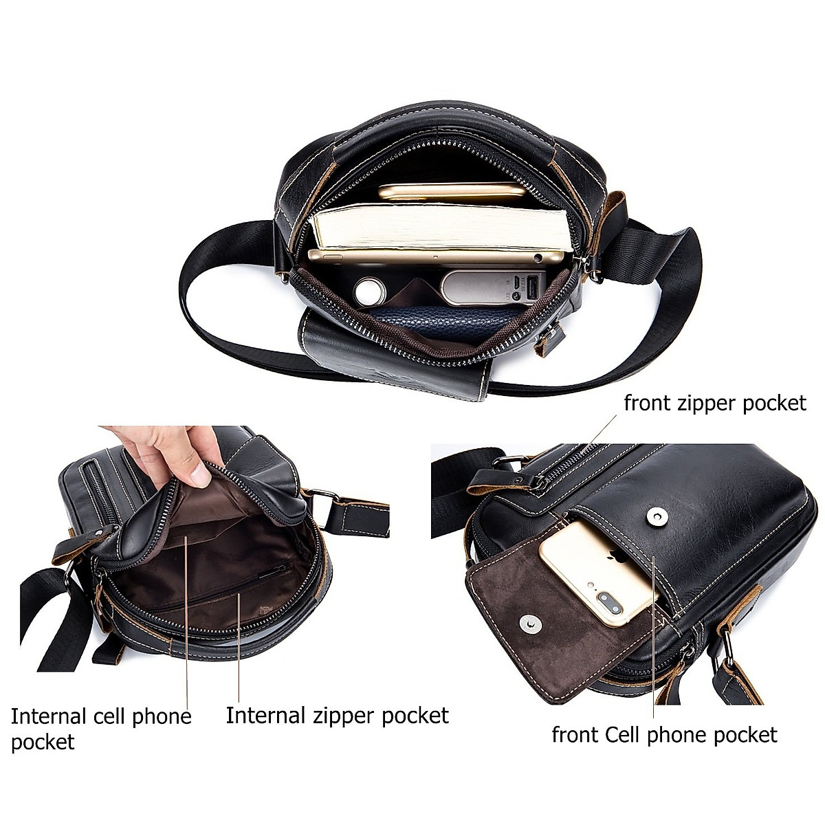 BULLCAPTAIN Genuine Leather Men Bags Small Shoulder Crossbody Bag for Men Everyday Casual Travel Messenger Bag Handbag (black)