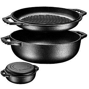 Bruntmor 2-in-1 Pre-Seasoned Cast Iron Dutch Oven with dual handles, Cocotte Double Braiser Pan with Grill Lid 3.3 Quarts - BBQ Grill, Fryer - Outdoor Cookware Set with Dual Handles, Camping,- Black