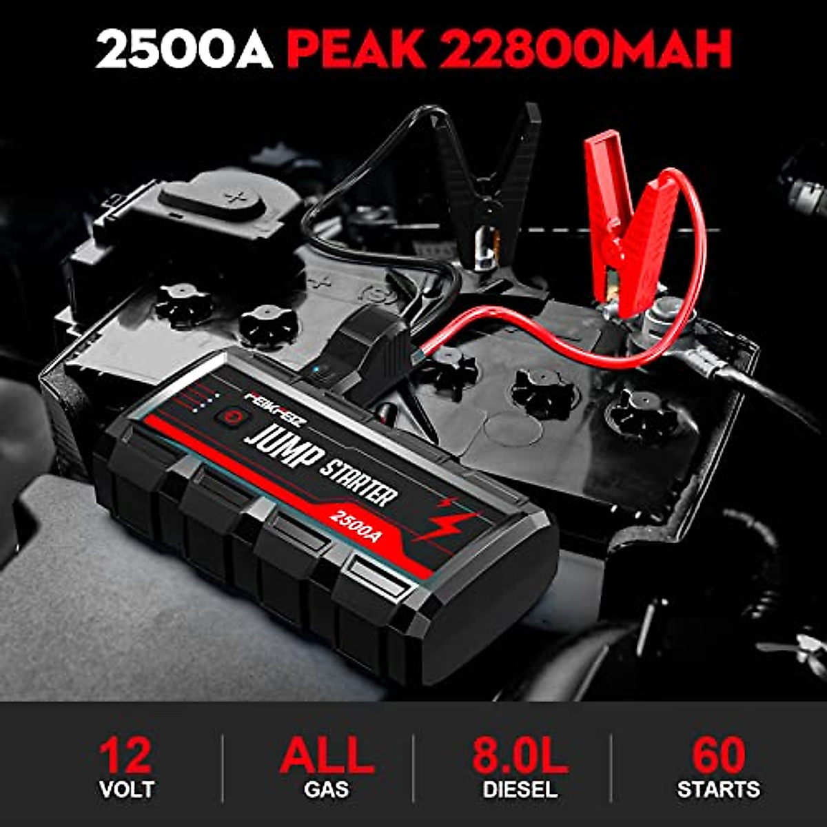 FEIKFEIZ Car Jump Starter, 2500A Peak 22800mAh 12V Car Battery Starter(Up to All Gas, 8.0L Diesel Engine), with USB Quick Charge 3.0,LED Light.