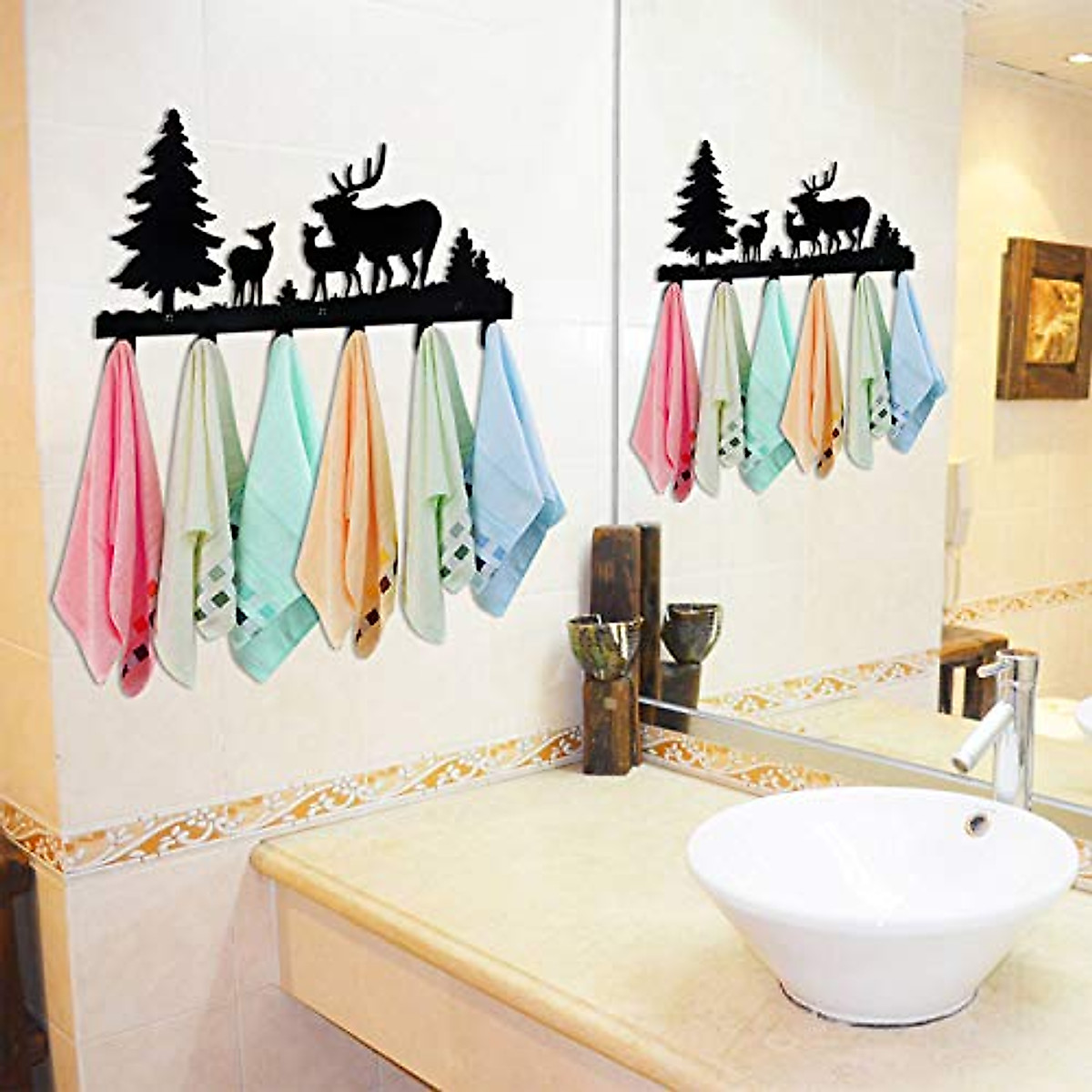 Coat Hooks Wall Mounted, Kathy Metal Towel Hook Rack Moon Cloud Animal Deer Hanger for Bathrooms Door Hanging Key Robe Bag Umbrella- 6 Hooks, black