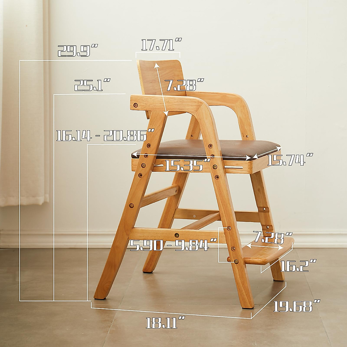 Leesinwing Solid Wood high Chairs for Toddlers,High Chair Grows with Kid for Dining, Study Chair for Children