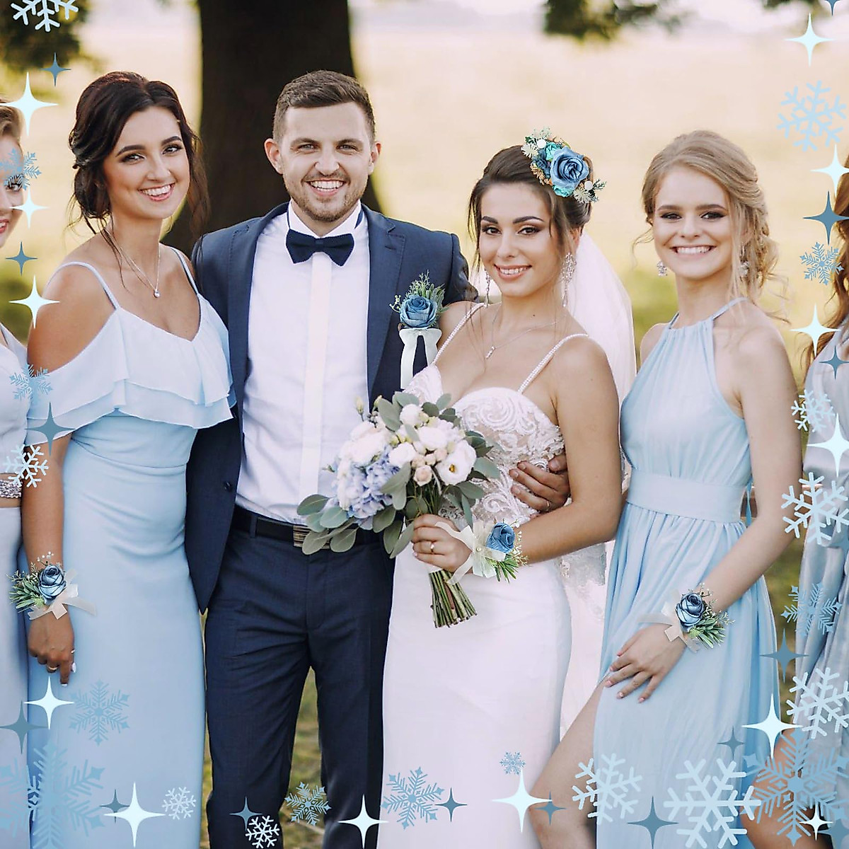 Footfox Blue Rose Corsage and Boutonniere Set with Bridal Hair Comb, Corsages for Wedding