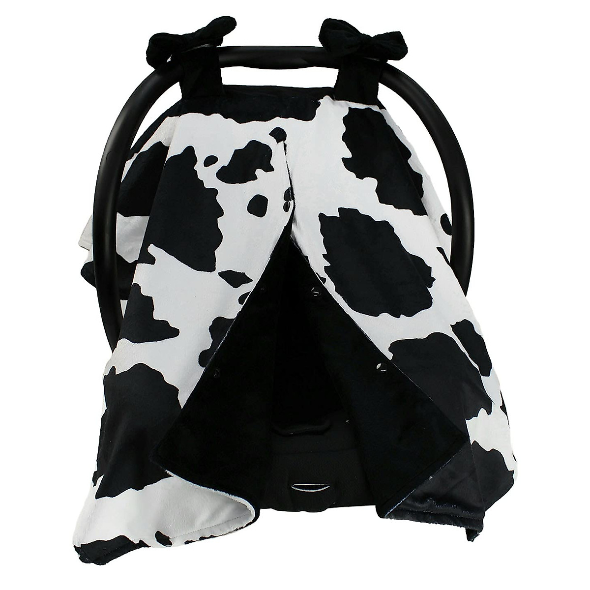 Dear Baby Gear Black and White Holstein Cow Baby Car Seat Canopy with Snap Button Opening and Puffy Bows— Layered Lightweight Cover Keeps Babies Cozy and Sheltered — 40 x 30 Inches