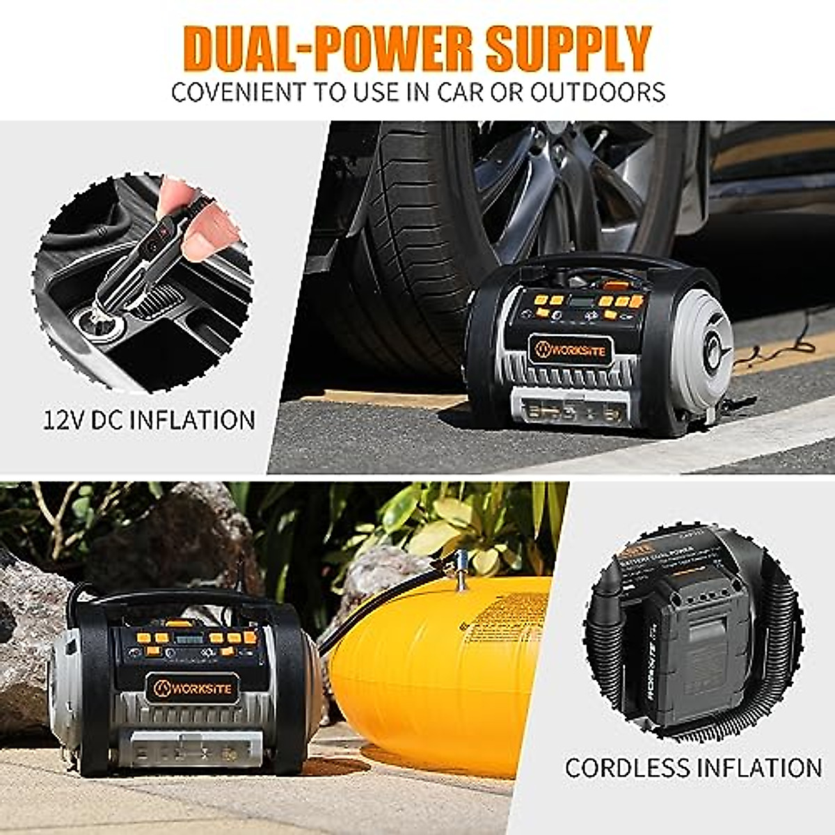 WORKSITE Air Compressor Tire Inflators, 20V Cordless Car Tire Pump with Inflation & Deflation Modes, Dual Powerful Motors, Digital Pressure Gauge, Battery & 12V Car Charger