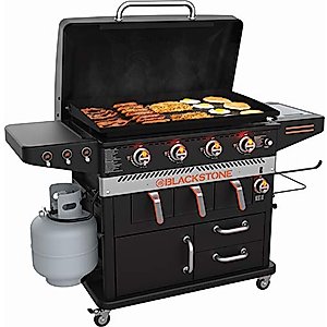 Blackstone 1923 Air Fryer Combo & Four Burners Stainless Steel Gas Hood, Wheels, Two Side Shelf – Heavy Duty Outdoor Griddle Station for Backyard, Patio, 36 inch Black