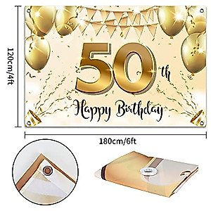 HAMIGAR 6x4ft Happy 50th Birthday Banner Backdrop - 50 Years Old Birthday Decorations Party Supplies for Women - White Gold