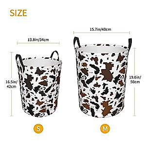 Circular Dirty Clothes Hamper Organizer Pack Black And Brown Cow Print Large Laundry Basket Storage Bag With Handles Collapsible Washing Bin For Home College Dorm Medium