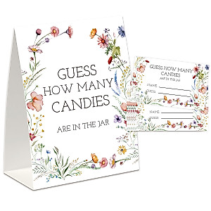 UHADRE Guess How Many Candies Game(One Sign with 50 Cards),Baby Shower Game, Bridal Shower Game, Floral Bridal Shower, How Many Cards, Candy Guessing Game Sign and Cards Set-GCD14