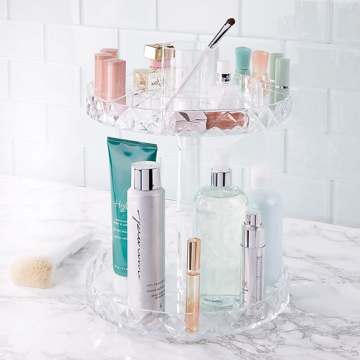 mDesign Spinning 2-Tier Lazy Susan Makeup Turntable Storage Center Tray - Rotating Organizer for Bathroom Vanity Counter Tops, Dressing Tables, Cosmetic Stations, Dressers - 10" Round - Clear