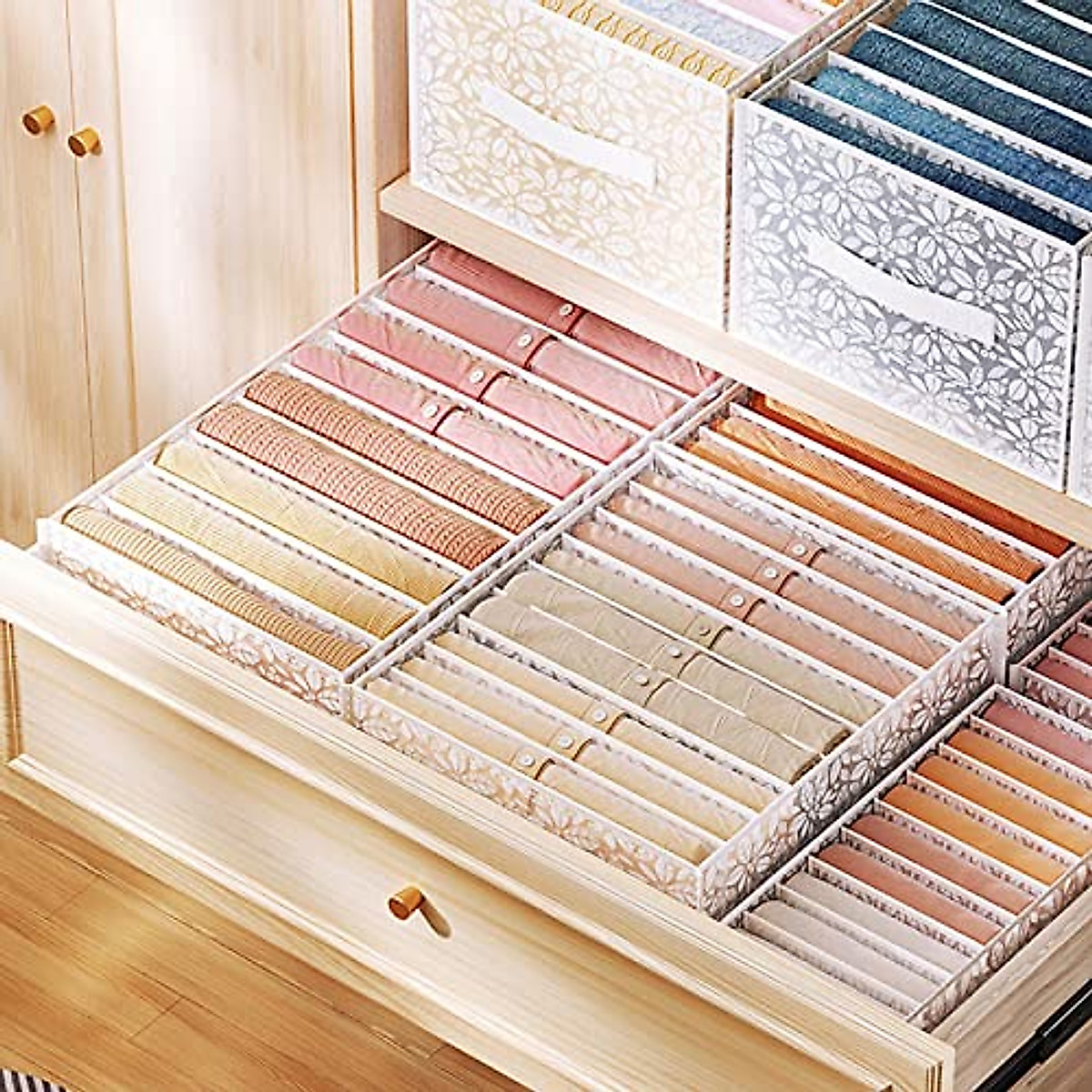 Wardrobe Clothes Organizer,Washwable 6/7/9/11/12 Grids Compartment Storage Box for Bra Underwear Jeans T-Shirt Leggings,Mesh Closet Drawer Organizer Clothes Drawer