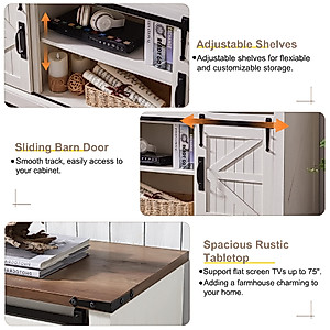 OKD Farmhouse TV Stand for 75 Inch TV with Sliding Barn Door, Rustic Wood Entertainment Center Large Media Console Cabinet Long Television Stands for 70 Inch TVs, Antique White