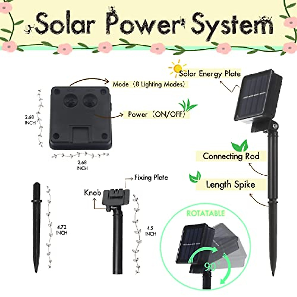 Robkea, 36 Inch Mini Fence Fairy Garden Fence & Waterproof LED 40FT 100 LED Solar String Lights with 8 Lighting Modes | Fairy Garden Accessories Outdoor(Brown)