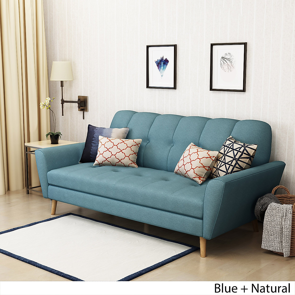 Christopher Knight Home Treston Mid-Century Fabric Sofa, Blue / Natural