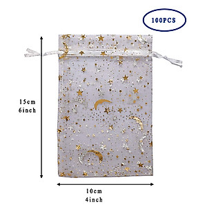 SUNGULF 100Pcs 4x6 Inches Sheer Organza Drawstring Pouches Stars and Moon Wedding Party Favor Jewelry Candy Gift Bags (White)