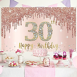 Happy 30th Birthday Banner Backdrop Decorations for Women, Rose Gold Thirty Birthday Party Sign Supplies, Pink 30 Birthday Poster Background Photo Booth Props Decor