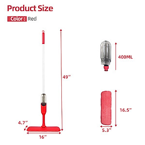 AKOMA Jet Dust Mop for Floor Cleaning with 2 Reusable Pads Lightweight Aluminum Pole Microfiber Spray Mops for Hardwood Tile Floors 360 Degree, 400ML Household, Red