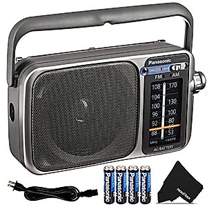 Panasonic Portable Radio AM/FM Battery Powered Electric with LED Tuning Indicator | 5 Core Radio, Best Sound and Reception, Small Size, Plug Option | Includes 4 AA Batteries and Cleaning Cloth