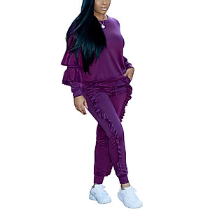Akmipoem Casual Ruffle Two Piece Outfits Pullover Tops and Pants Jumpsuit Set for Ladies Purple XL